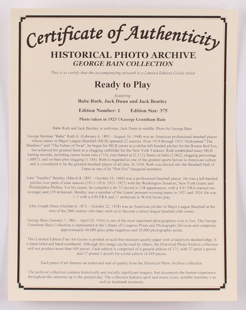 Historical Photo Archive - Babe Ruth "Ready To Play" Limited Edition 16 ...