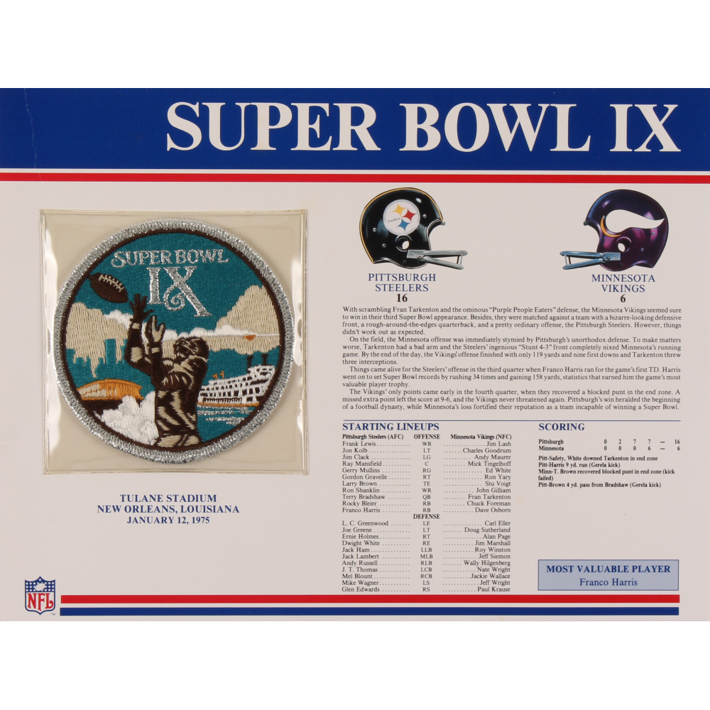 Super Bowl IX Commemorative 9x12 Score Card Display with Patch ...