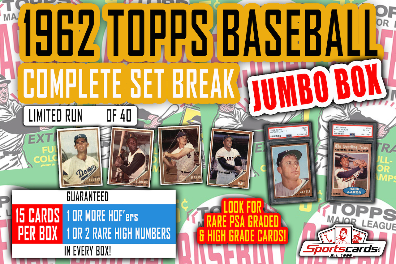 1962 Topps Baseball Complete Set Break JUMBO Mystery BOX – 15 Cards Per ...