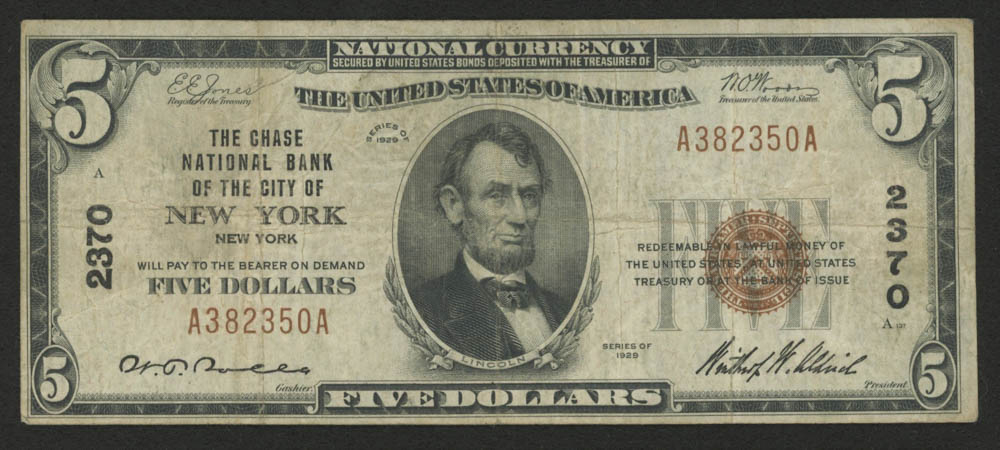 1929 $5 U.S. National Currency Bank Note - Chase National Bank of New ...