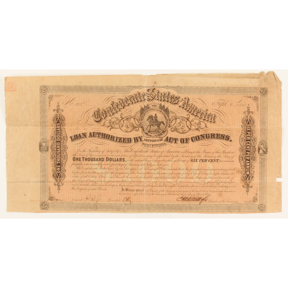 1864 $1000 One Thousand-Dollar Confederate States of America Richmond ...