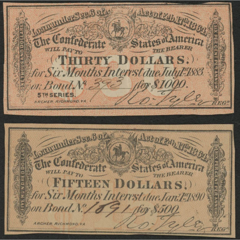 Lot of (2) Confederate States of America Richmond CSA Bank Note Bonds ...