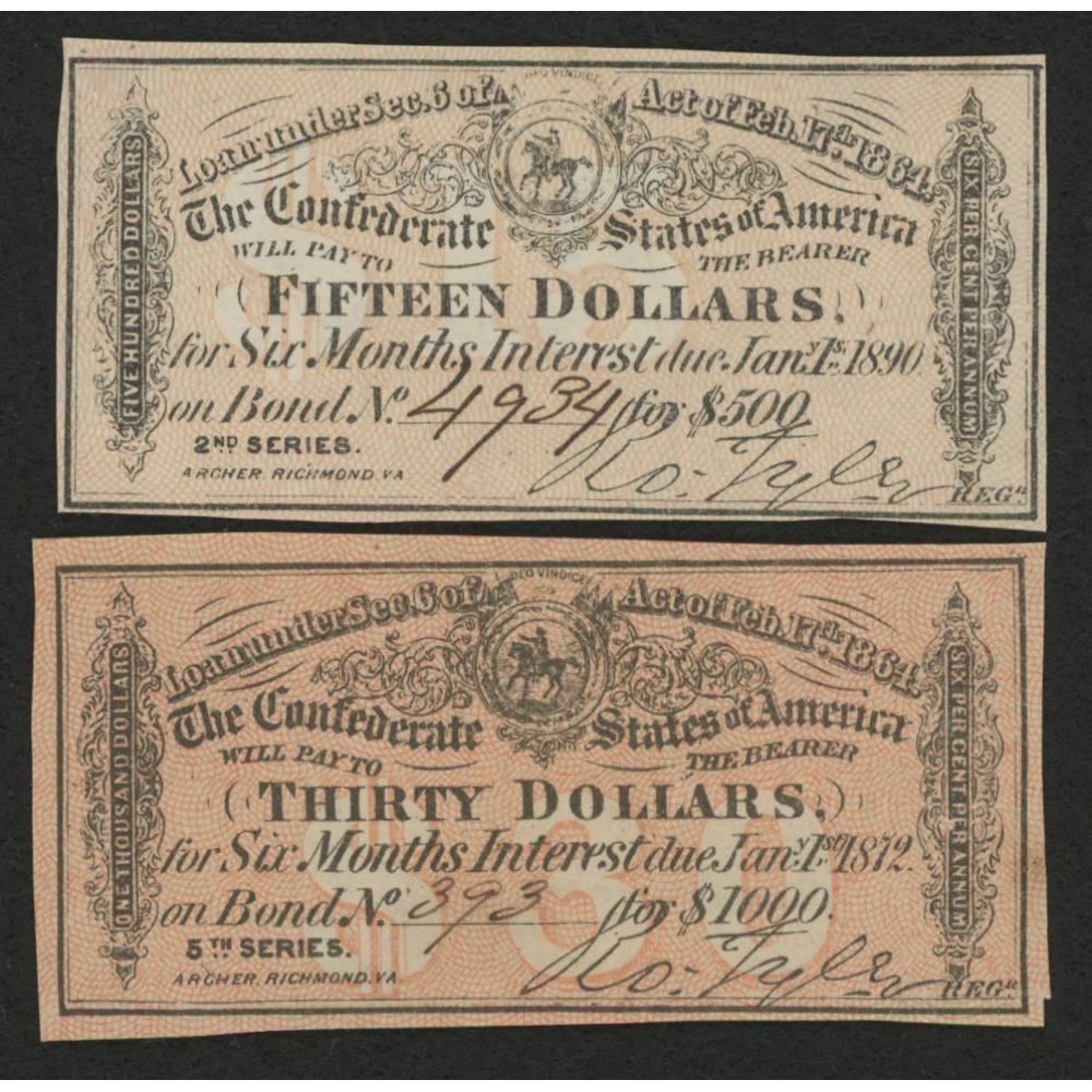 Lot of (2) Confederate States of America Richmond CSA Bank Note Bonds ...