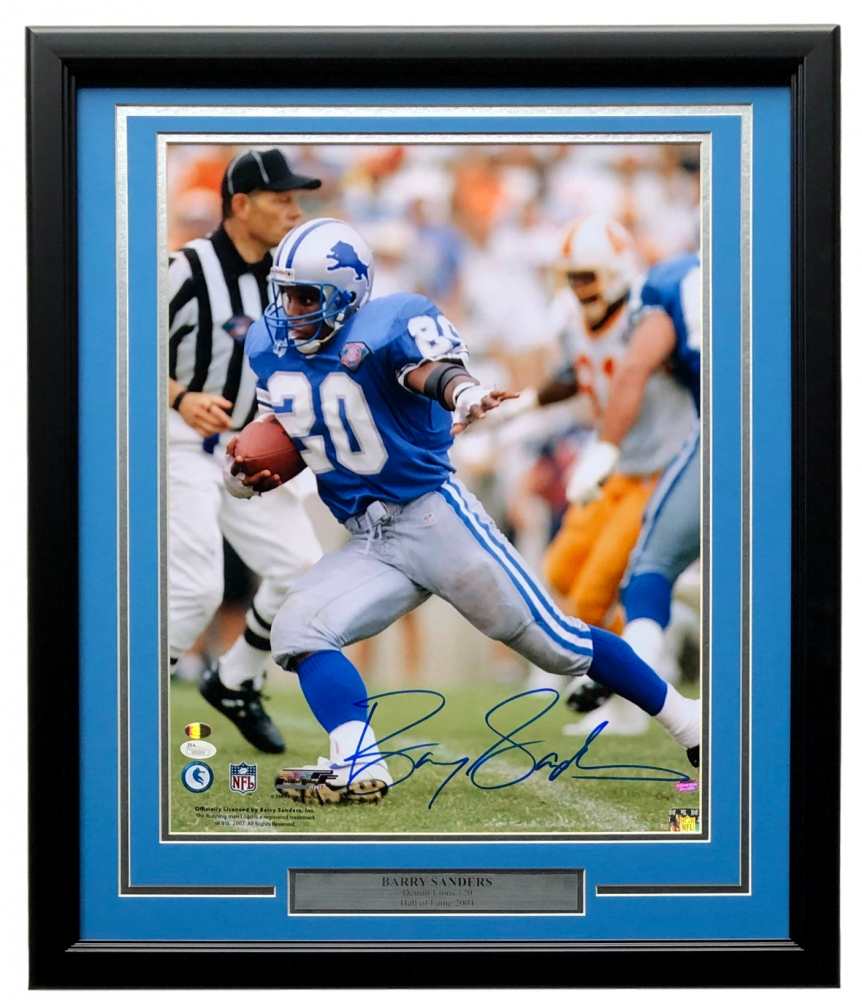 Barry Sanders Signed Lions 22x27 Custom Framed Photo Display (JSA COA ...