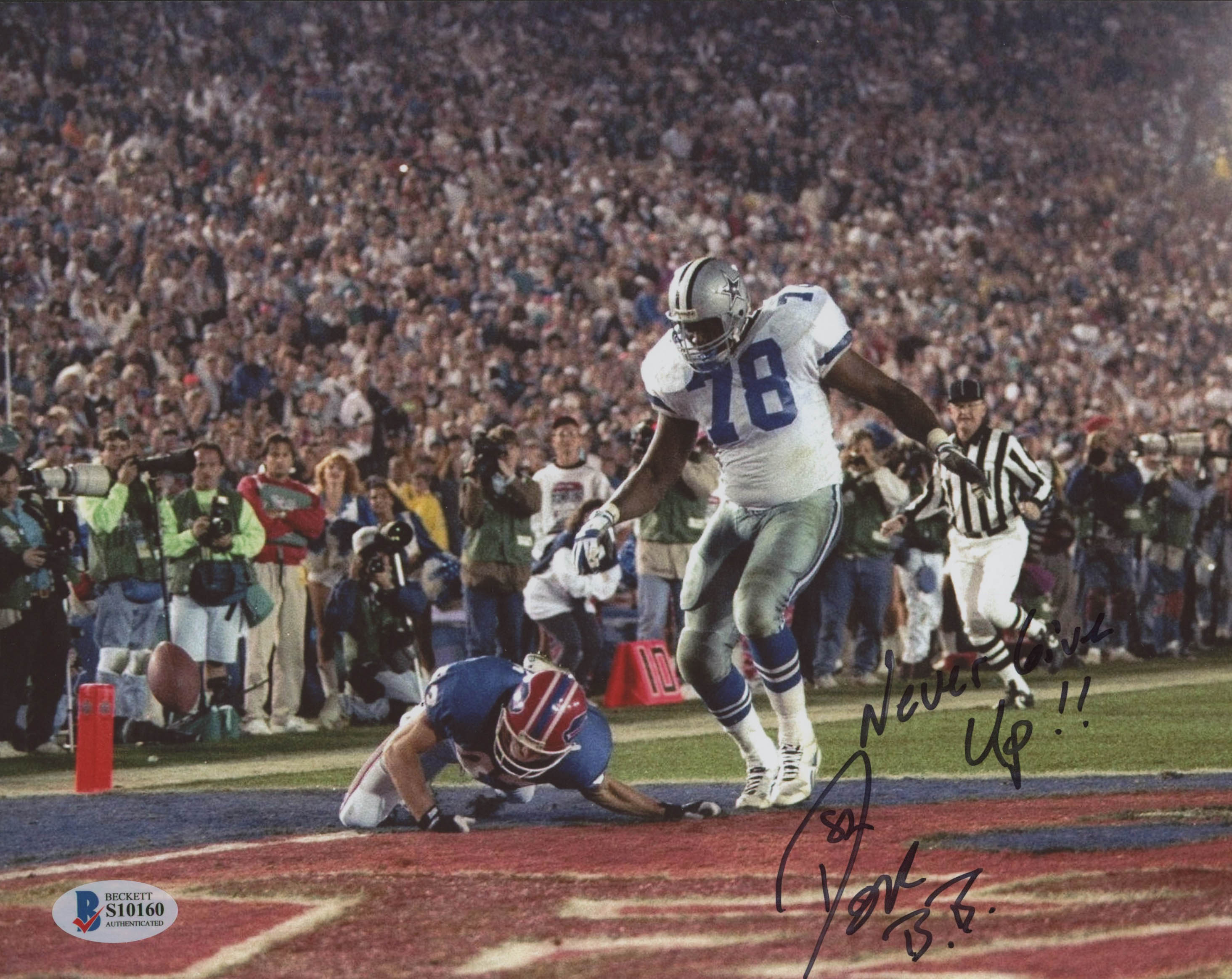 Don Beebe Signed Bills 8x10 Photo Inscribed "Never Give Up!" (Beckett ...