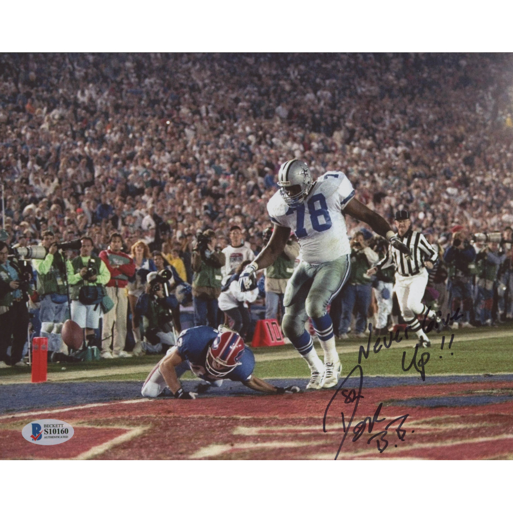 Don Beebe Signed Bills 8x10 Photo Inscribed "Never Give Up!" (Beckett ...