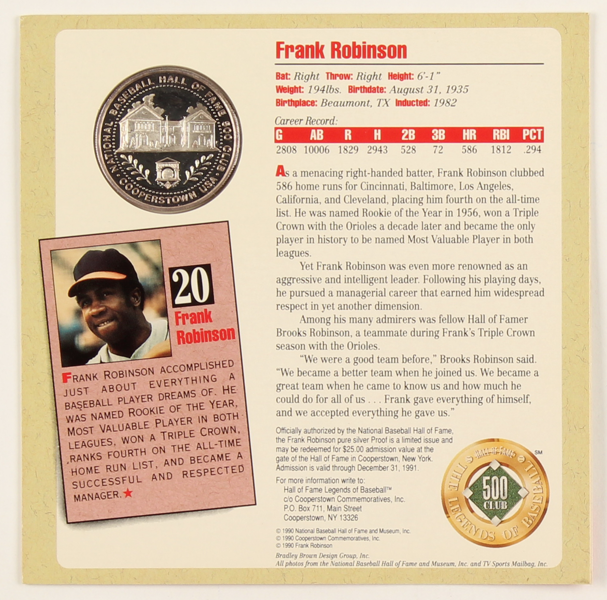 Frank Robinson "Legends of Baseball" 1 Ounce Silver Coin with 6x6 Card ...