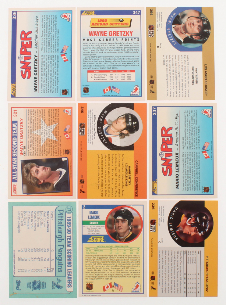 Lot of (9) Hockey Cards with 1990-91 Pro Set #394 Wayne Gretzky, 1990-91 Score #347 Wayne ...