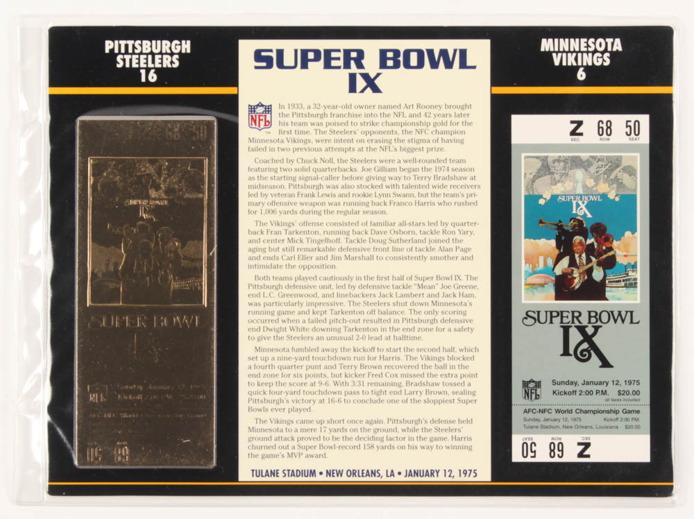 Super Bowl IX Commemorative 9x12 Scorecard with 23kt Gold Ticket ...