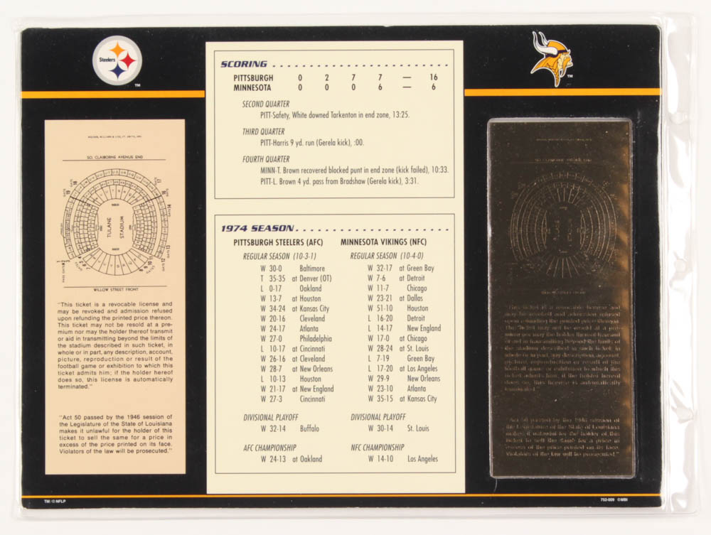 Super Bowl IX Commemorative 9x12 Scorecard with 23kt Gold Ticket ...