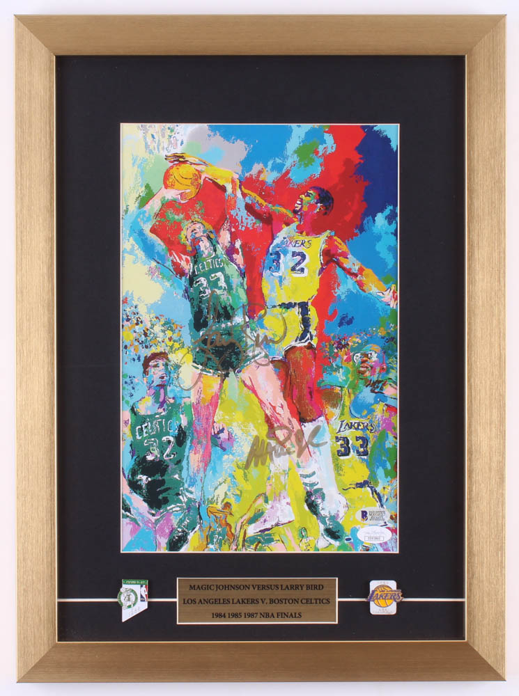 Magic Johnson & Larry Bird Signed 14x19 Custom Framed LeRoy Neiman Print Display with (2) Pins ...