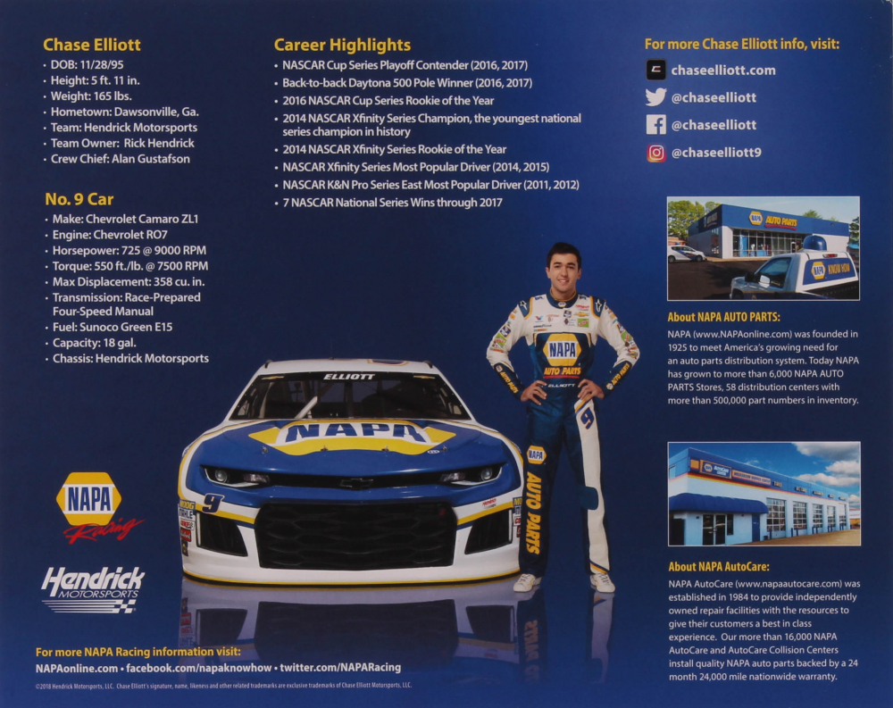 Chase Elliott Signed 8x10 Photo Card (JSA COA) | Pristine Auction