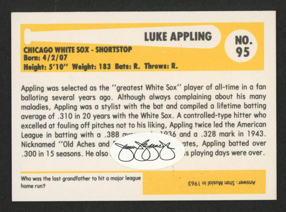 Luke Appling Signed 1980-87 SSPC HOF #95 Baseball Card (JSA SOA ...
