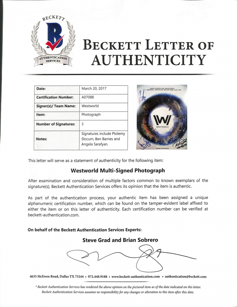 Angela Sarafyan, Ptolemy Slocum, & Ben Barnes Signed "Westworld" 8x10 ...