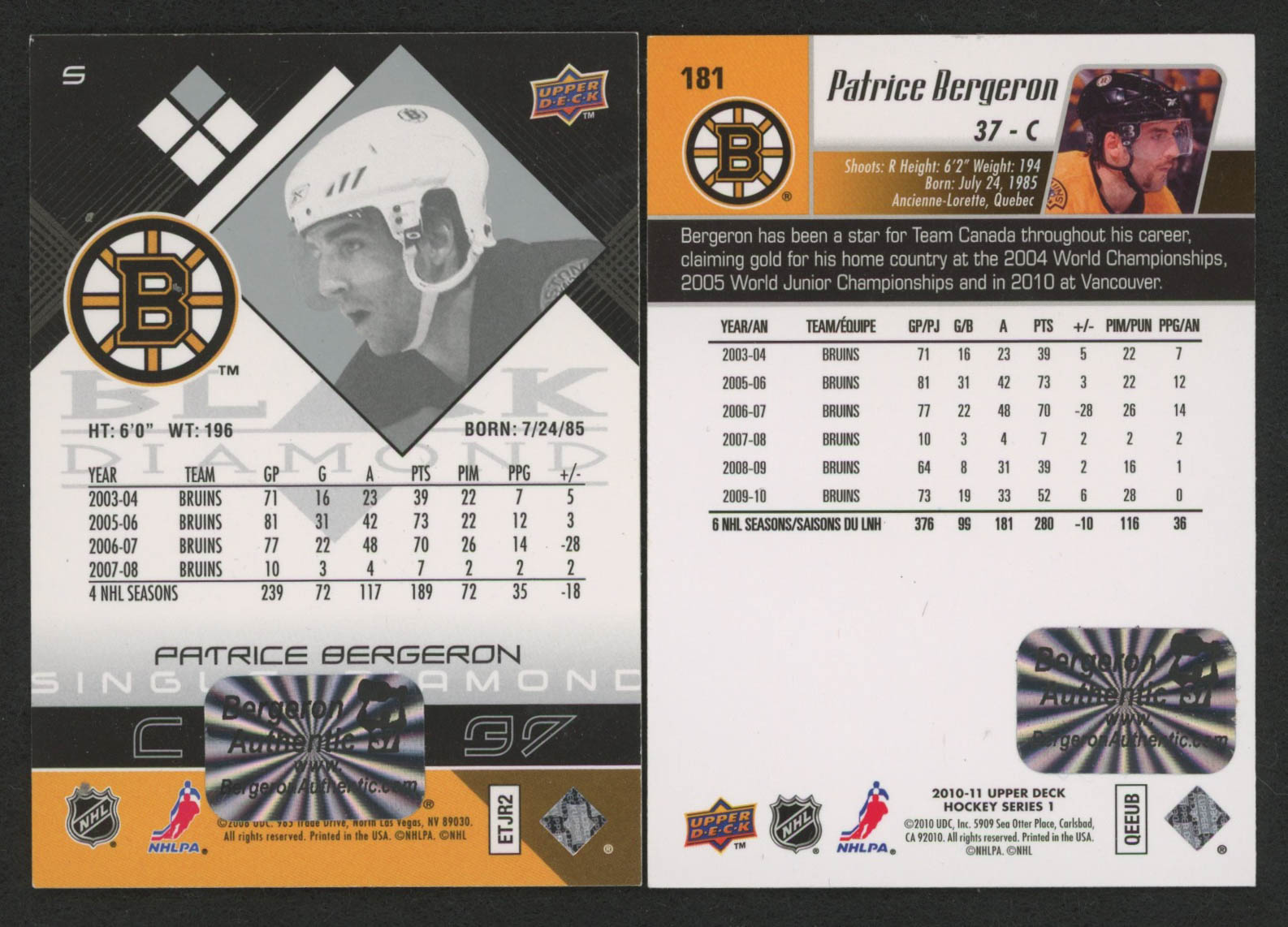 Lot of (2) Patrice Bergeron Signed Hockey Cards with 2008-09 Black ...