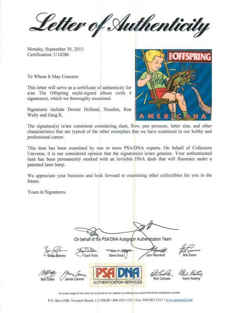 The Offspring "Americana" Vinyl Record Album Cover Band-Signed by (4 ...