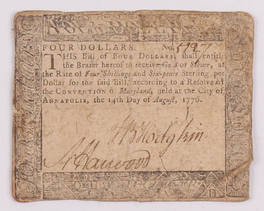1776 $4 Four Dollars Maryland Colonial Currency Note | Pristine Auction