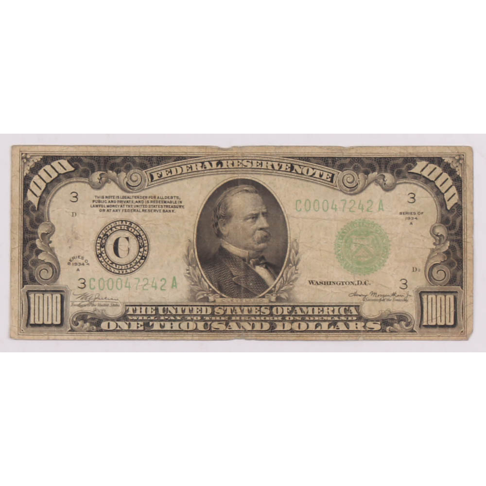 1934-A $1000 One Thousand Dollars Federal Reserve Note | Pristine Auction