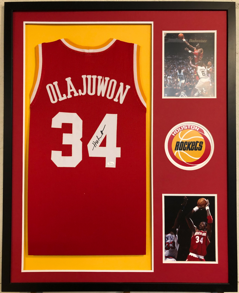 Hakeem Olajuwon Signed 34x42 Custom Framed Jersey (JSA COA) | Pristine ...