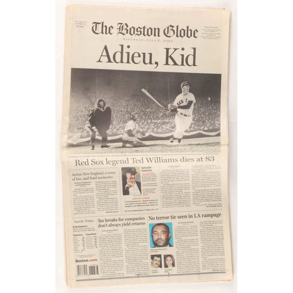 Original The Boston Globe Newspaper with "Ted Williams: 1918-2002 ...
