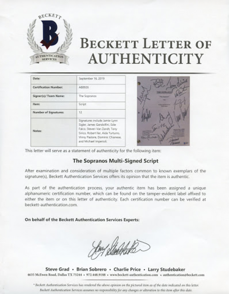 "The Sopranos" Pilot Episode Script Signed by (12) with Jamie-Lynn ...