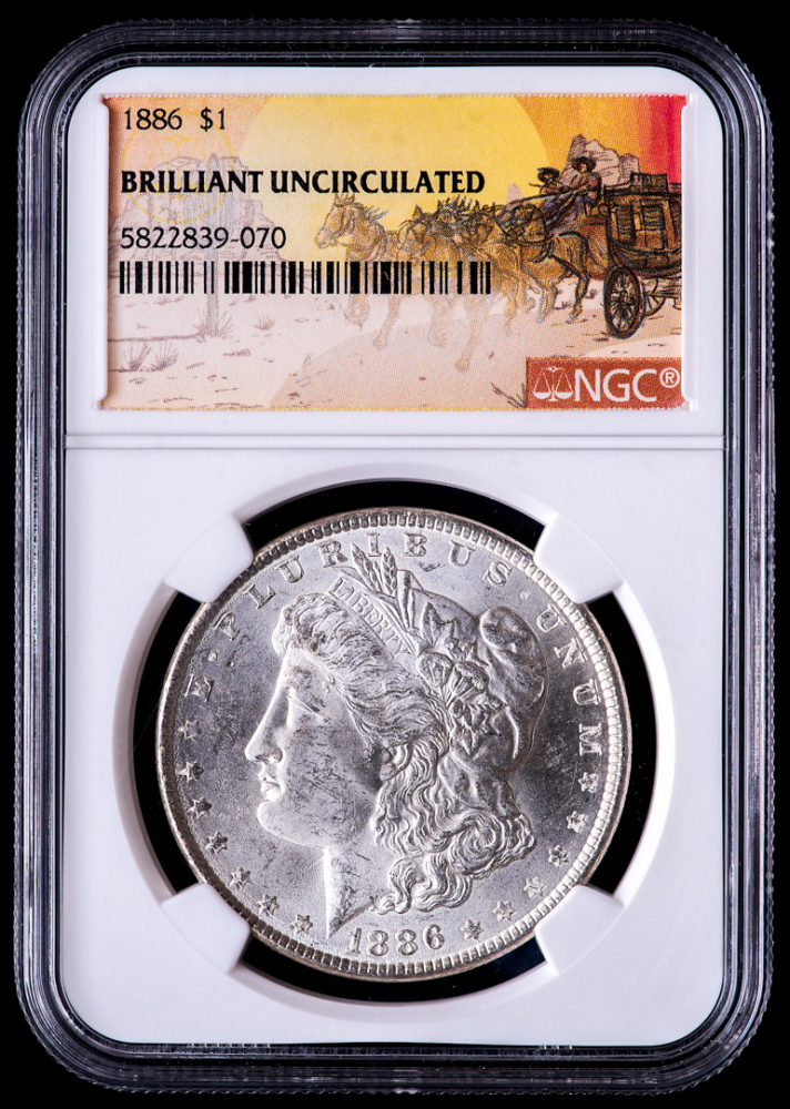 1886 Morgan Silver Dollar - Stage Coach Label (NGC Brilliant Uncirculated) | Pristine Auction