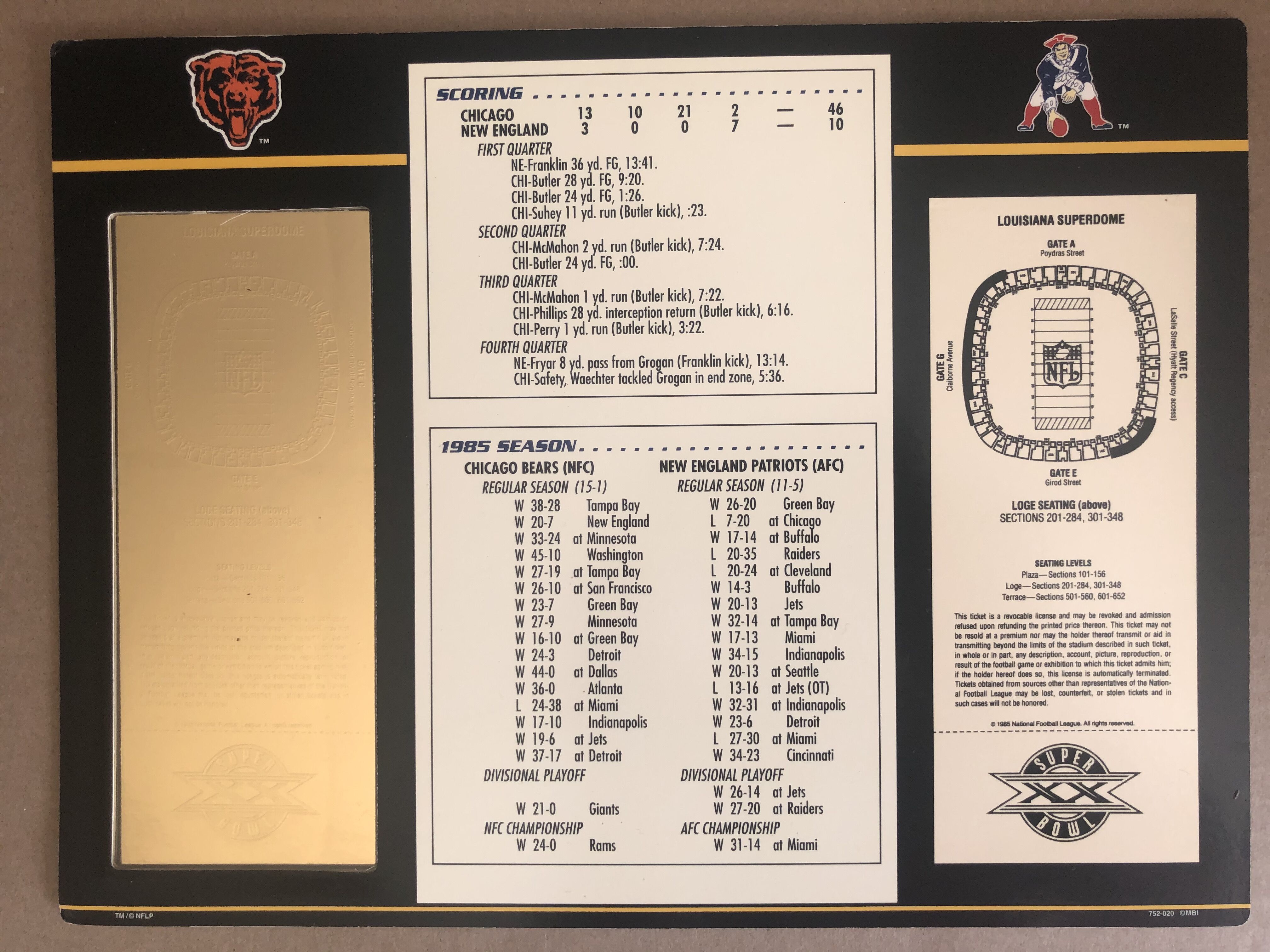 1986 Commemorative Super Bowl XX Card with Ticket: Bears vs Patriots ...