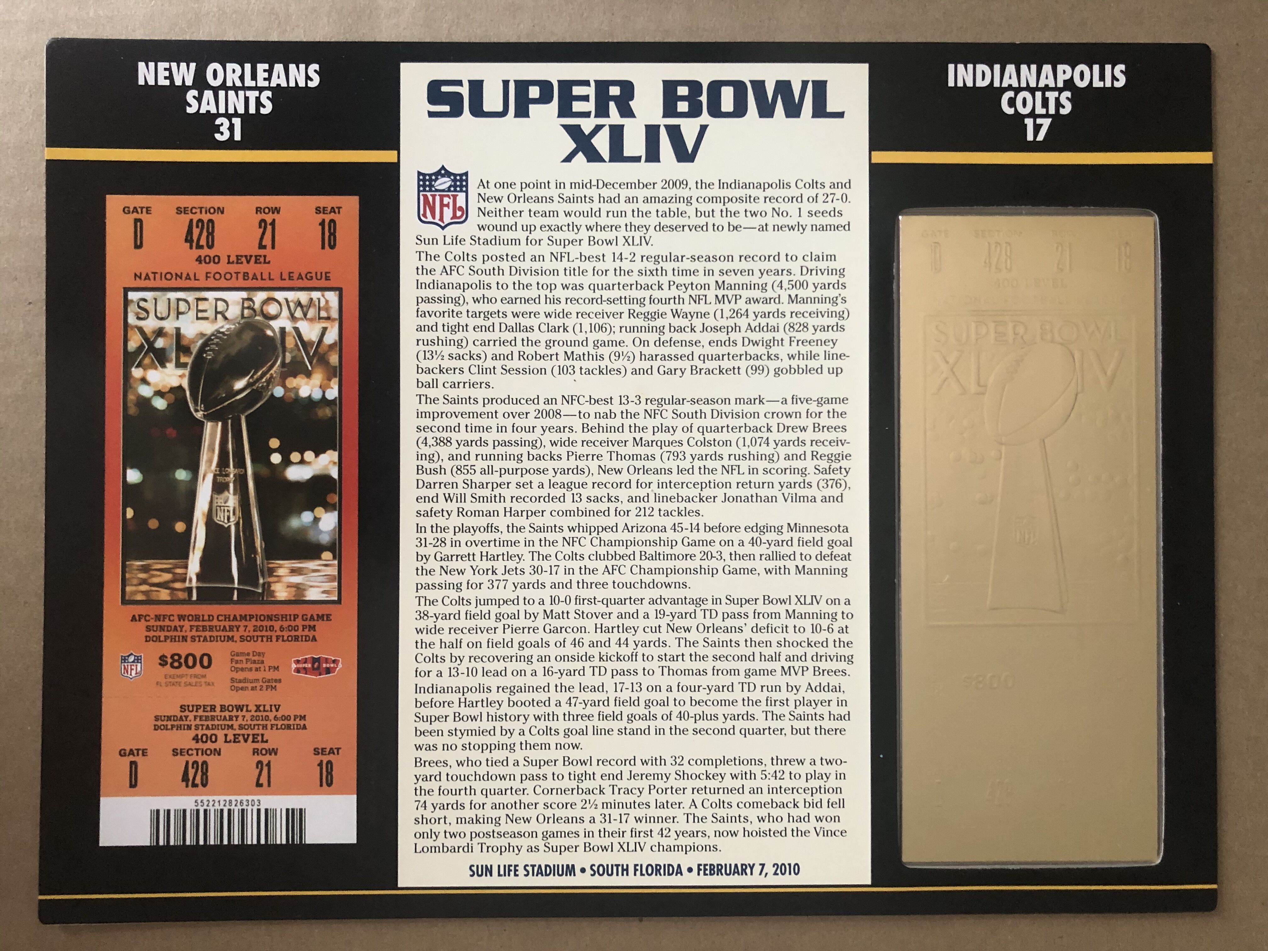 2010 Commemorative Super Bowl XLIV Card with Ticket: Saints vs Colts ...