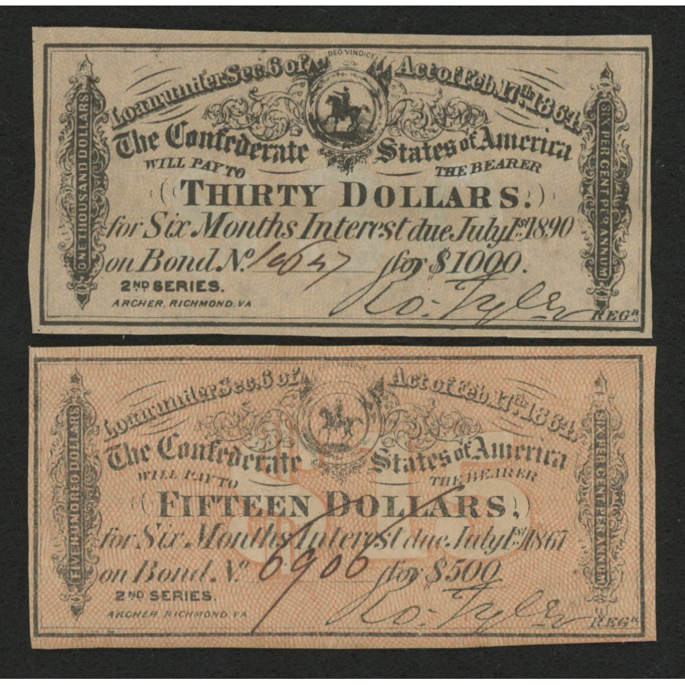 Lot of (2) Confederate States of America Richmond CSA Bank Note Bonds ...