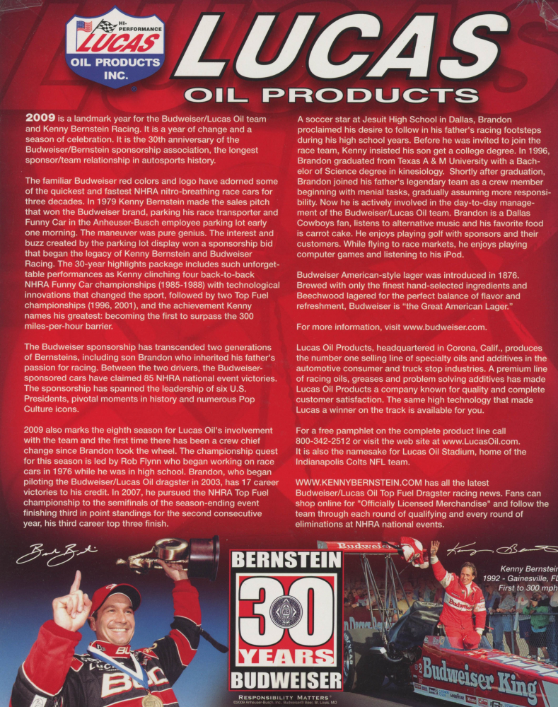 Kenny Bernstein & Brandon Bernstein Signed 2009 Budweiser / Lucas Oil ...