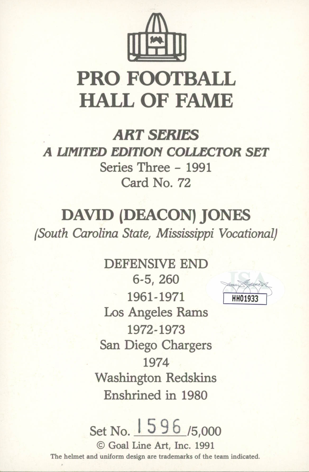 Deacon Jones Signed 1991 LE Rams 4x6 Pro Football Hall of Fame Art ...