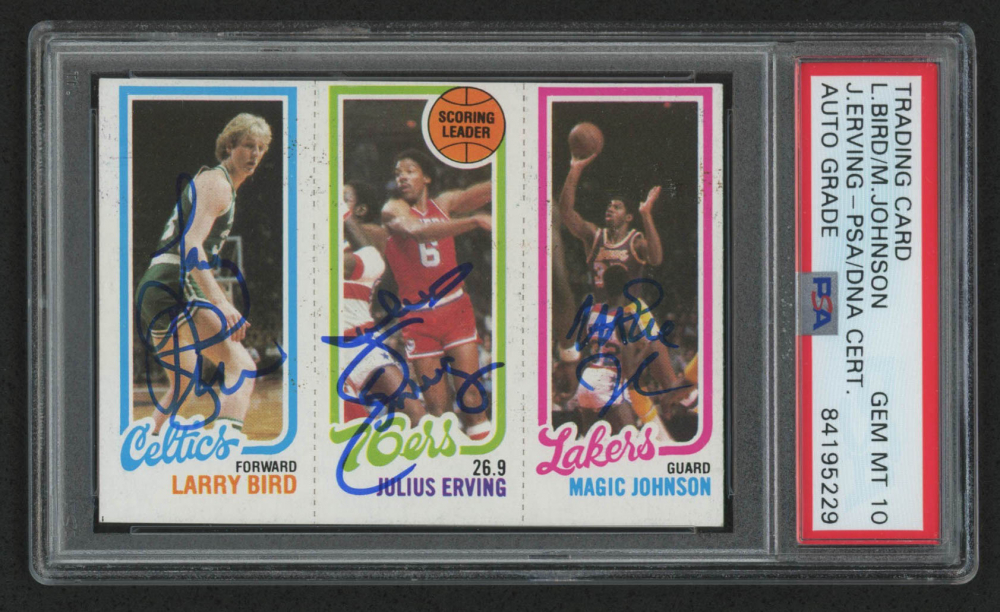 Larry Bird, Julius Erving & Magic Johnson Signed 1980-81 Topps #6 #34 RC /#174 / #139 RC (PSA ...