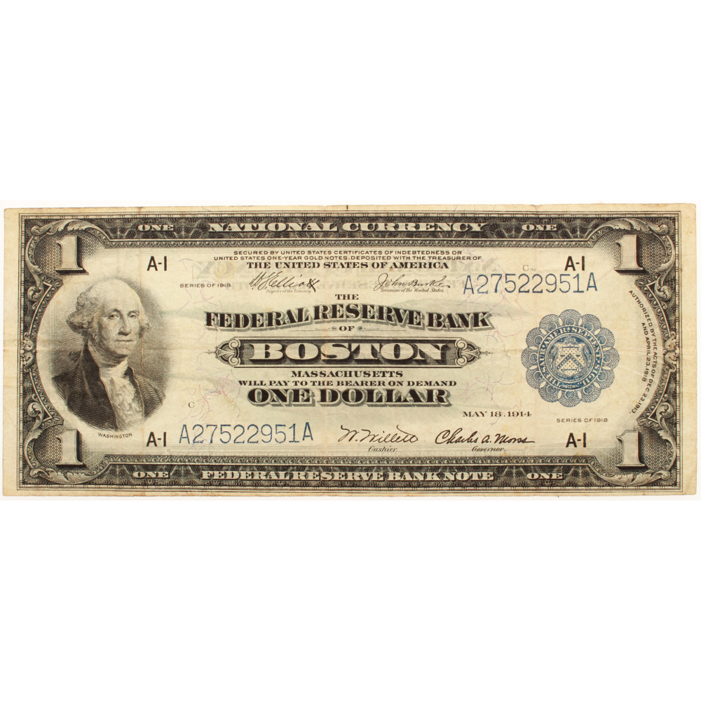 1918 $1 One Dollar U.S. National Currency Large Bank Note - The Federal ...