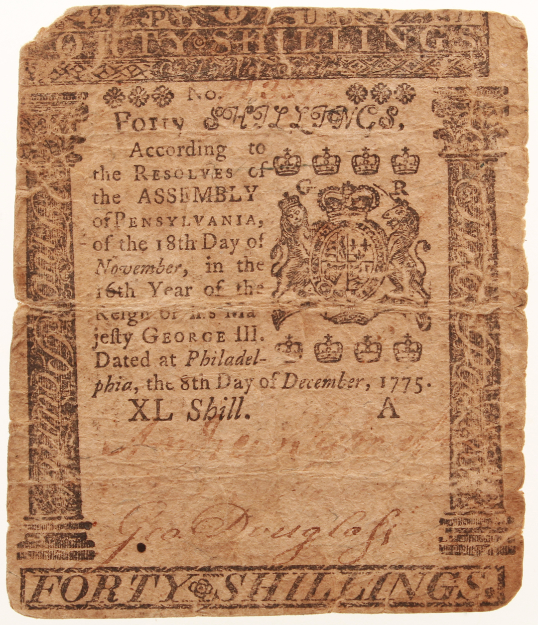 1775 40s Forty Shillings Pennsylvania Colonial Currency Note | Pristine ...