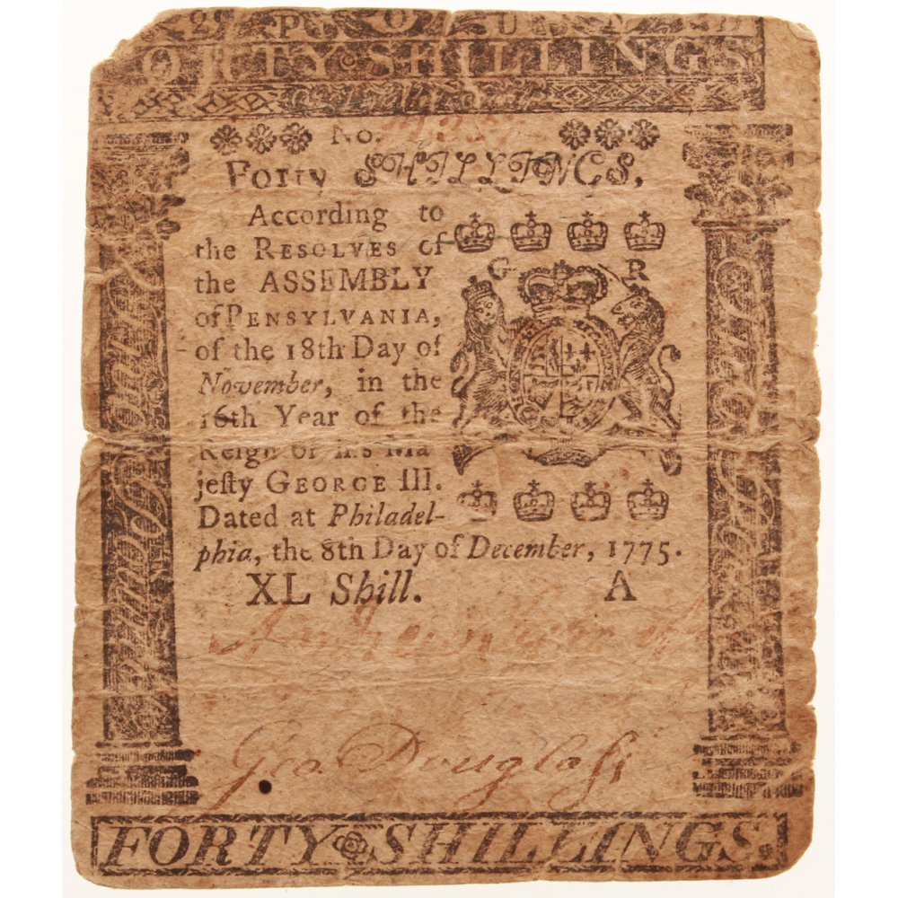 1775 40s Forty Shillings Pennsylvania Colonial Currency Note | Pristine ...