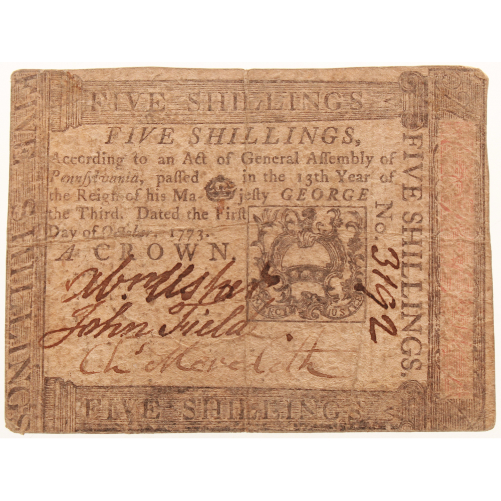 1773 5s Five Shillings Pennsylvania Colonial Currency Note | Pristine ...