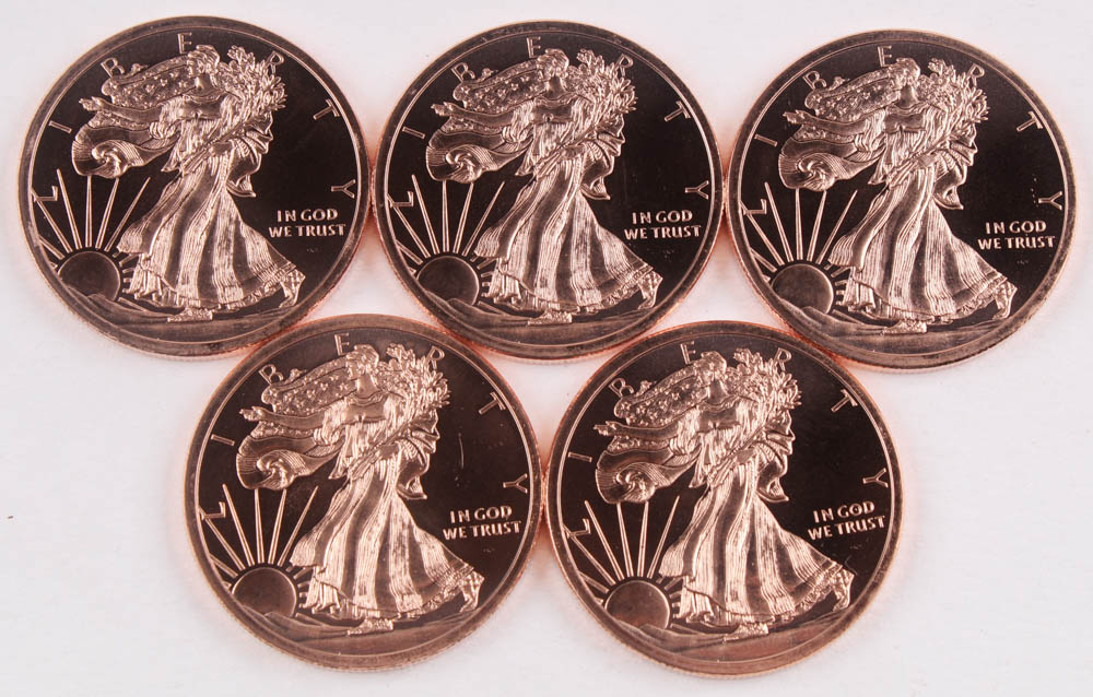 Lot of (5) 1 oz .999 Fine Copper Walking Liberty Rounds | Pristine Auction