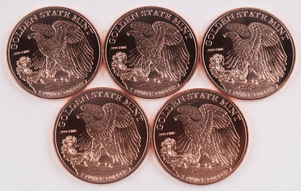 Lot of (5) 1 oz .999 Fine Copper Walking Liberty Rounds | Pristine Auction