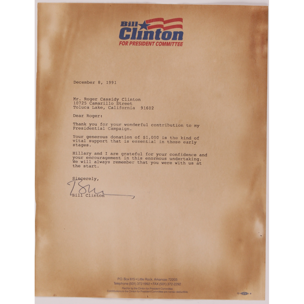 Bill Clinton Signed 1991 President Committee 9x11 Typed Letter (JSA ...