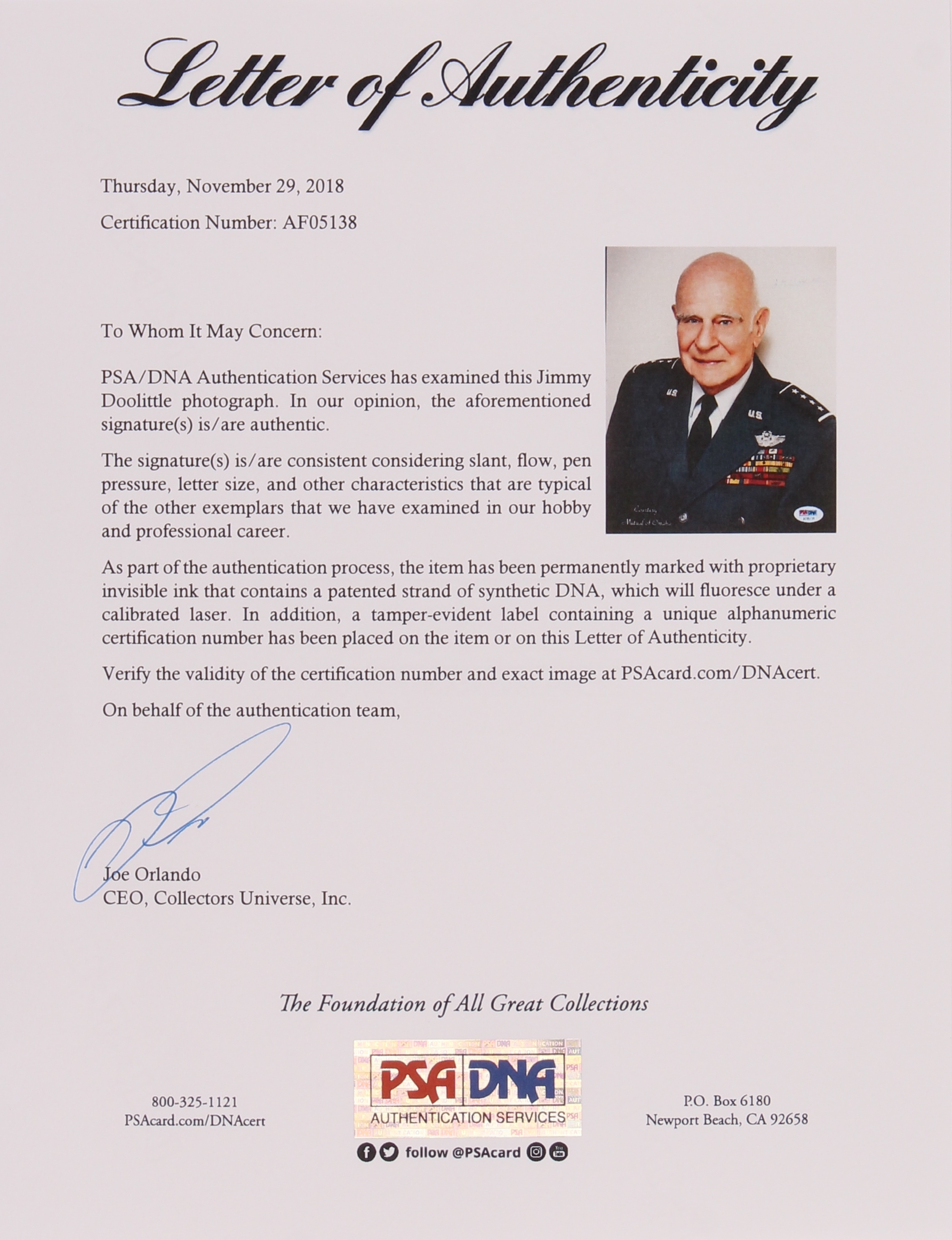Jimmy Doolittle Signed 8x10 Photo (PSA LOA) | Pristine Auction