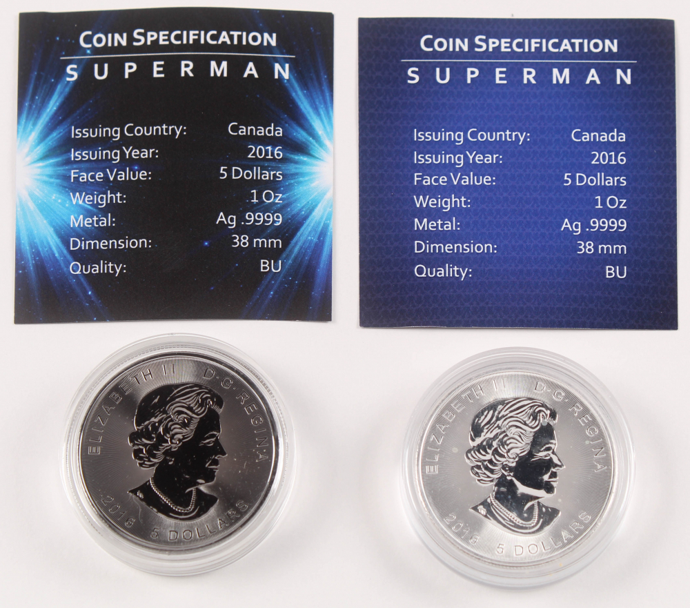 Lot of (2) 2016 Elizabeth II $5 Five Canadian Dollar Superman Silver ...