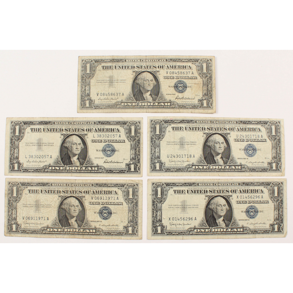 Lot of (5) 1957 U.S. $1 One Dollar Blue Seal Silver Certificate Notes ...