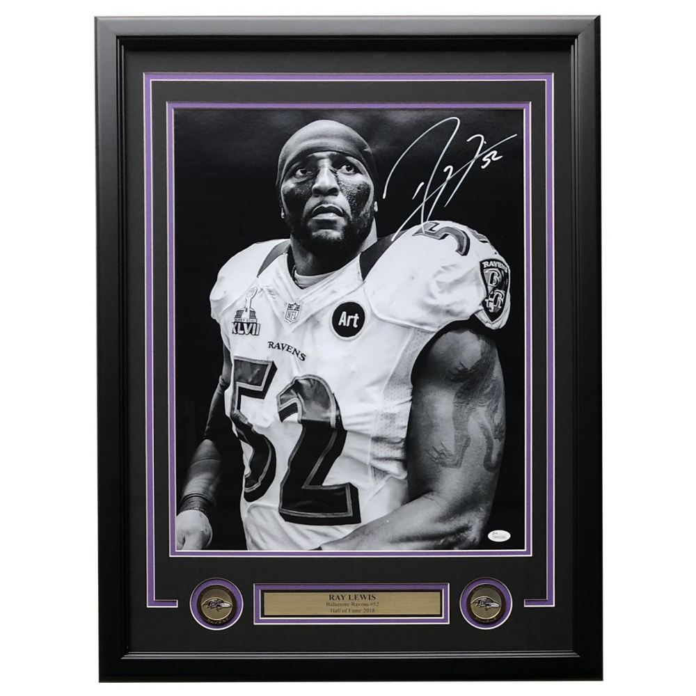 Ray Lewis Signed Ravens 22x27 Custom Framed Photo with (2) Ravens Pins ...
