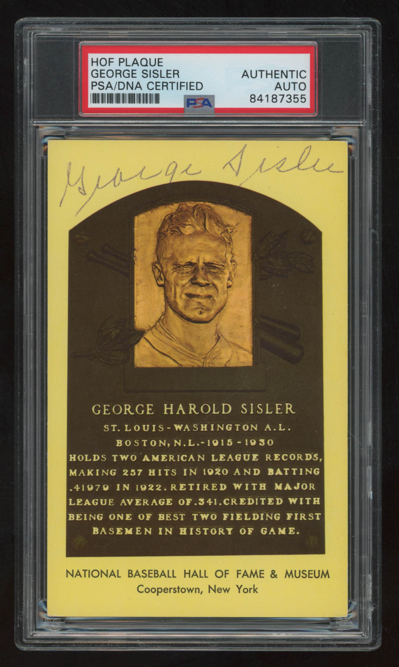 George Sisler Signed Gold Hall of Fame Plaque Postcard (PSA ...
