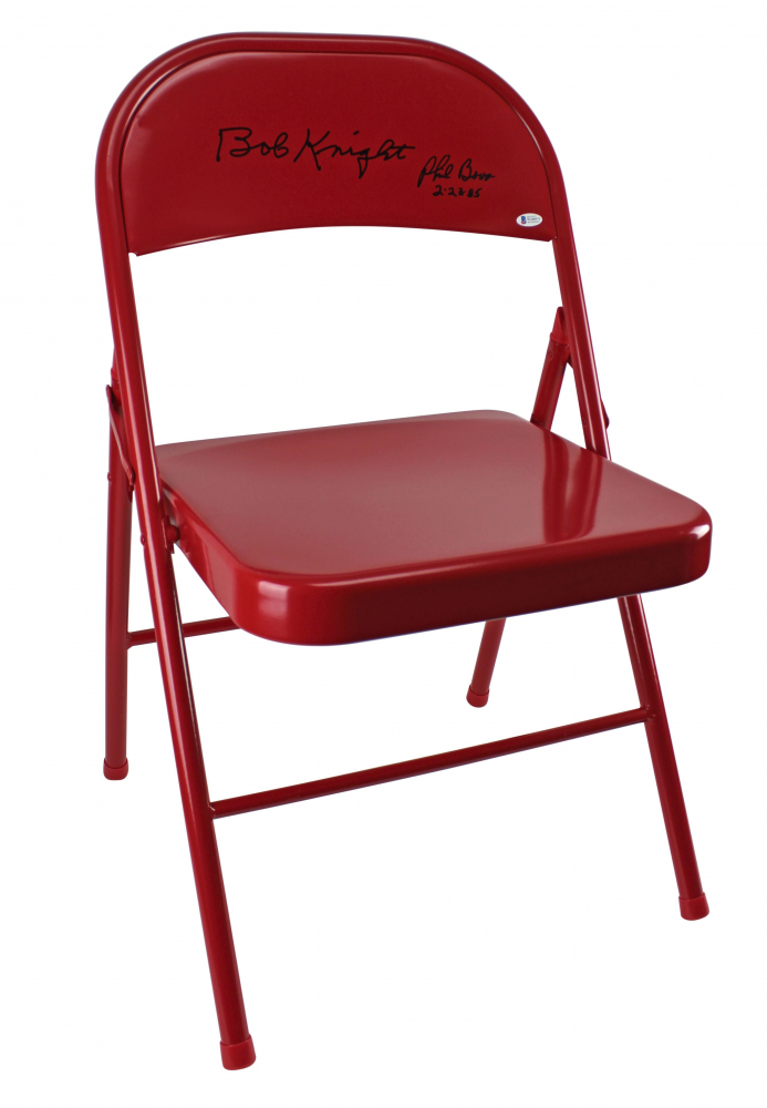 Bobby Knight & Phil Bova Signed Red Metal Folding Chair Inscribed "2-23 ...