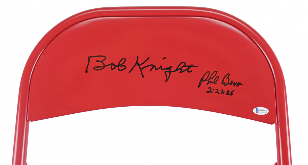 Bobby Knight & Phil Bova Signed Red Metal Folding Chair Inscribed "2-23 ...
