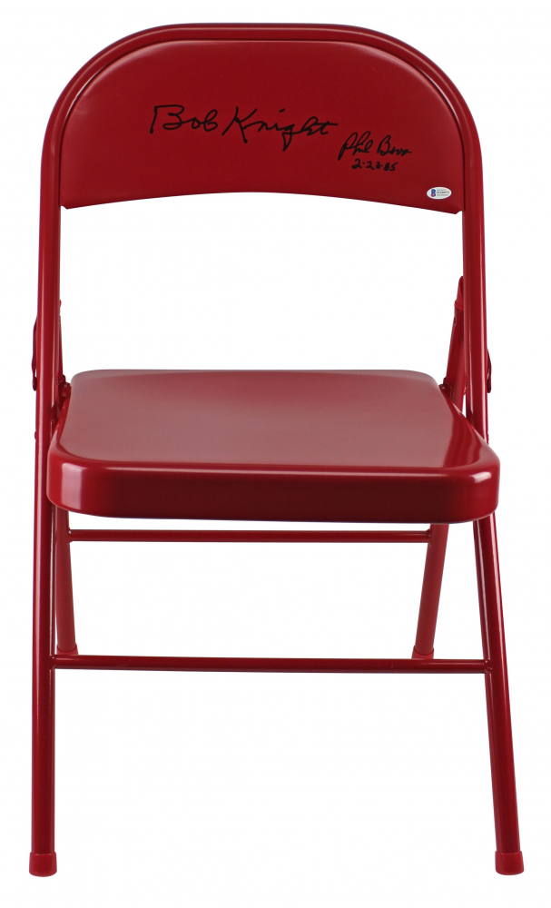 Bobby Knight & Phil Bova Signed Red Metal Folding Chair Inscribed "2-23 ...