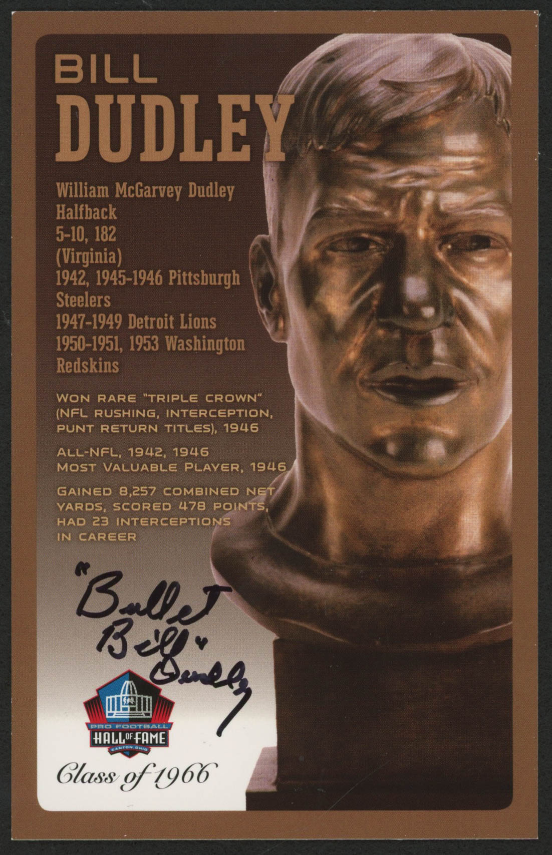 "Bullet Bill" Dudley Signed LE Bronze Bust Football Hall of Fame ...