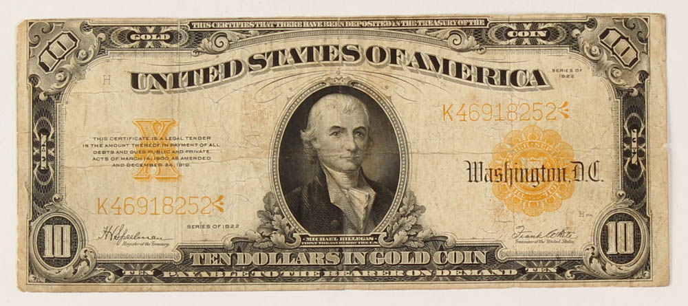 1922 $10 Ten-Dollar U.S. Gold Certificate Large-Size Bank Note ...