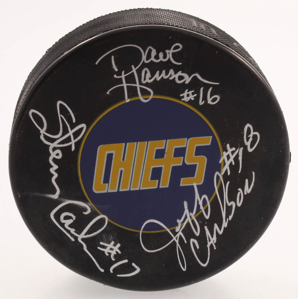 Jeff Carlson, Steve Carlson & David Hanson Signed "Slap Shot" Chiefs Logo Hockey Puck (Beckett ...